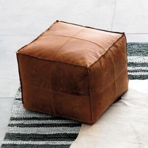 LEATHEROOZE Stuffed Square Pouf, Footstool, Upholstered in Brown Leather, for The Living Room, Bedroom and Kids Room, Transitional, Modern 14x16x16inches