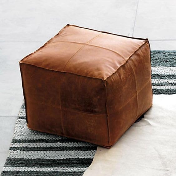 LEATHEROOZE Stuffed Square Pouf, Footstool, Upholstered in Brown Leather, for The Living Room, Bedroom and Kids Room, Transitional, Modern 14x16x16inches