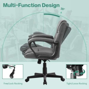 Shahoo Executive Office Chair Mid Back Swivel Computer Task, Ergonomic Leather-Padded Desk Seats with Lumbar Support,Armrests, Grey