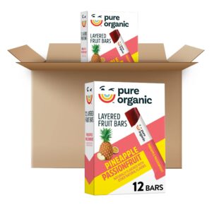 pure organic layered fruit bars, gluten free, vegan fruit snacks, pineapple passionfruit (2 boxes, 24 bars)