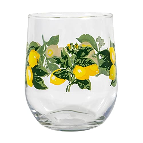 Greenbrier Lemon-Printed Stemless Wine Glasses, 16.8 oz., White, 4 Count (Pack of 1)