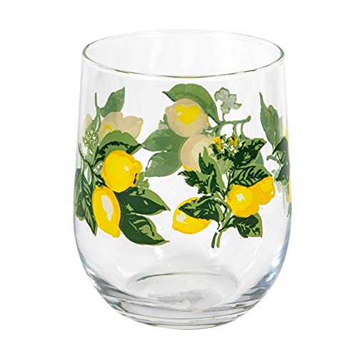 Greenbrier Lemon-Printed Stemless Wine Glasses, 16.8 oz., White, 4 Count (Pack of 1)