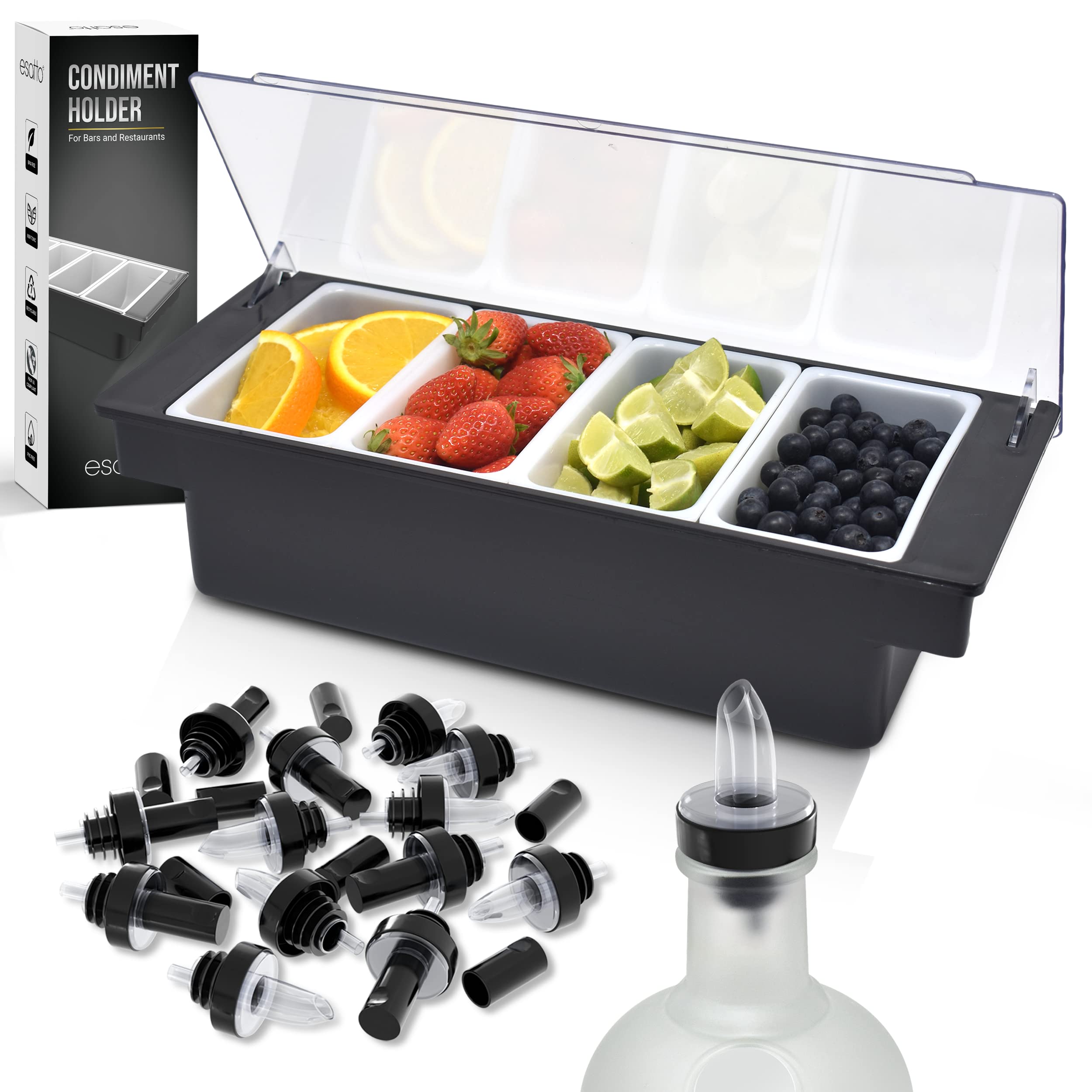 Esatto Bar Products Condiment Holder for Serving Container Chilled Garnish Tray with Lid for Bar Caddy, 4-1 Pint Inserts, With Added 12 Liquor Bottle Pourers, and 12 Pourer Covers - Black