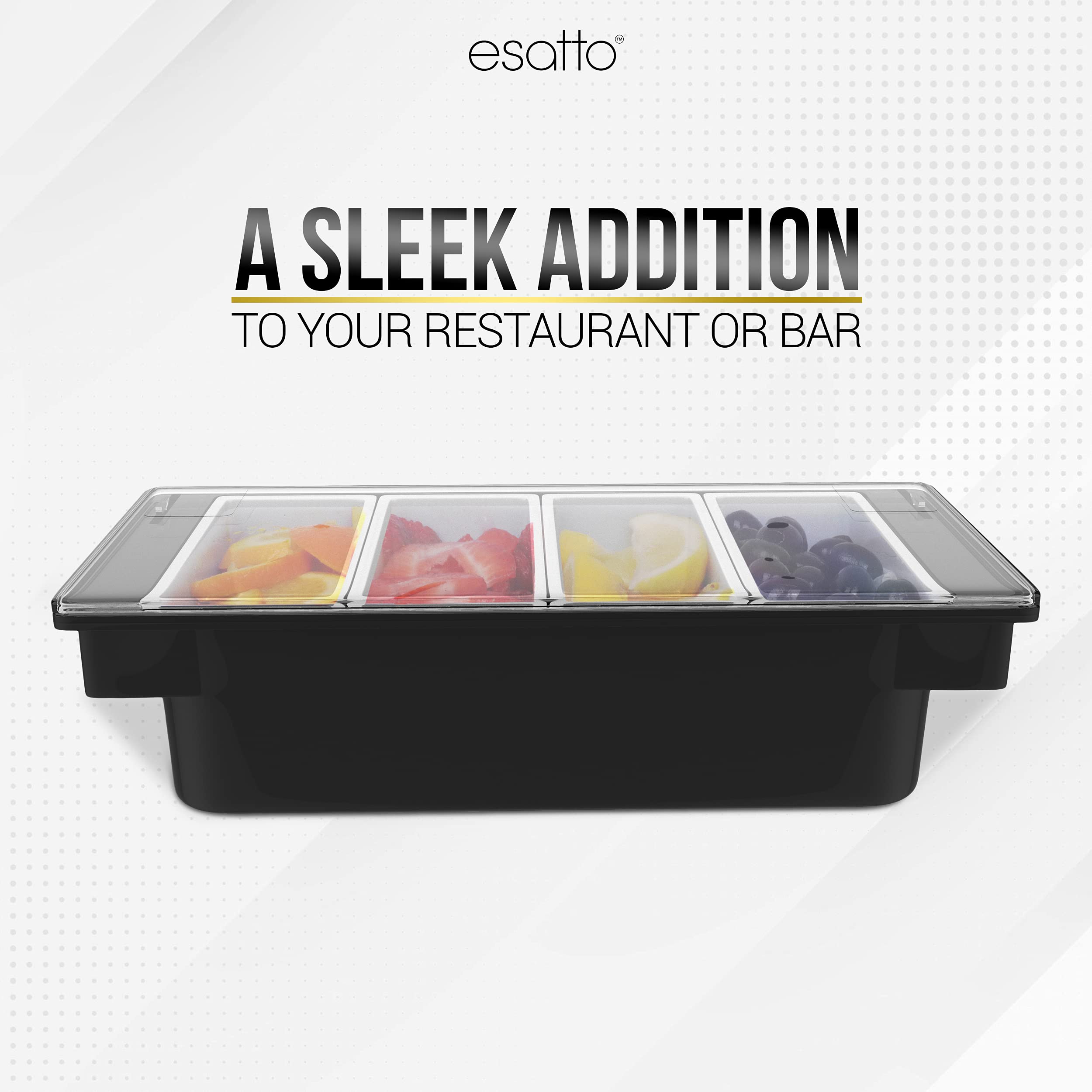 Esatto Bar Products Condiment Holder for Serving Container Chilled Garnish Tray with Lid for Bar Caddy, 4-1 Pint Inserts, With Added 12 Liquor Bottle Pourers, and 12 Pourer Covers - Black