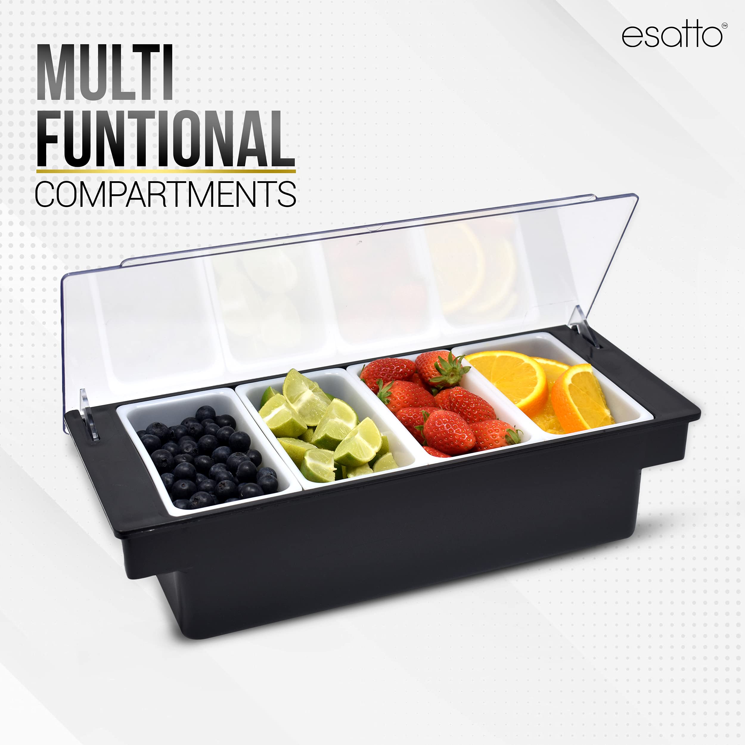 Esatto Bar Products Condiment Holder for Serving Container Chilled Garnish Tray with Lid for Bar Caddy, 4-1 Pint Inserts, With Added 12 Liquor Bottle Pourers, and 12 Pourer Covers - Black