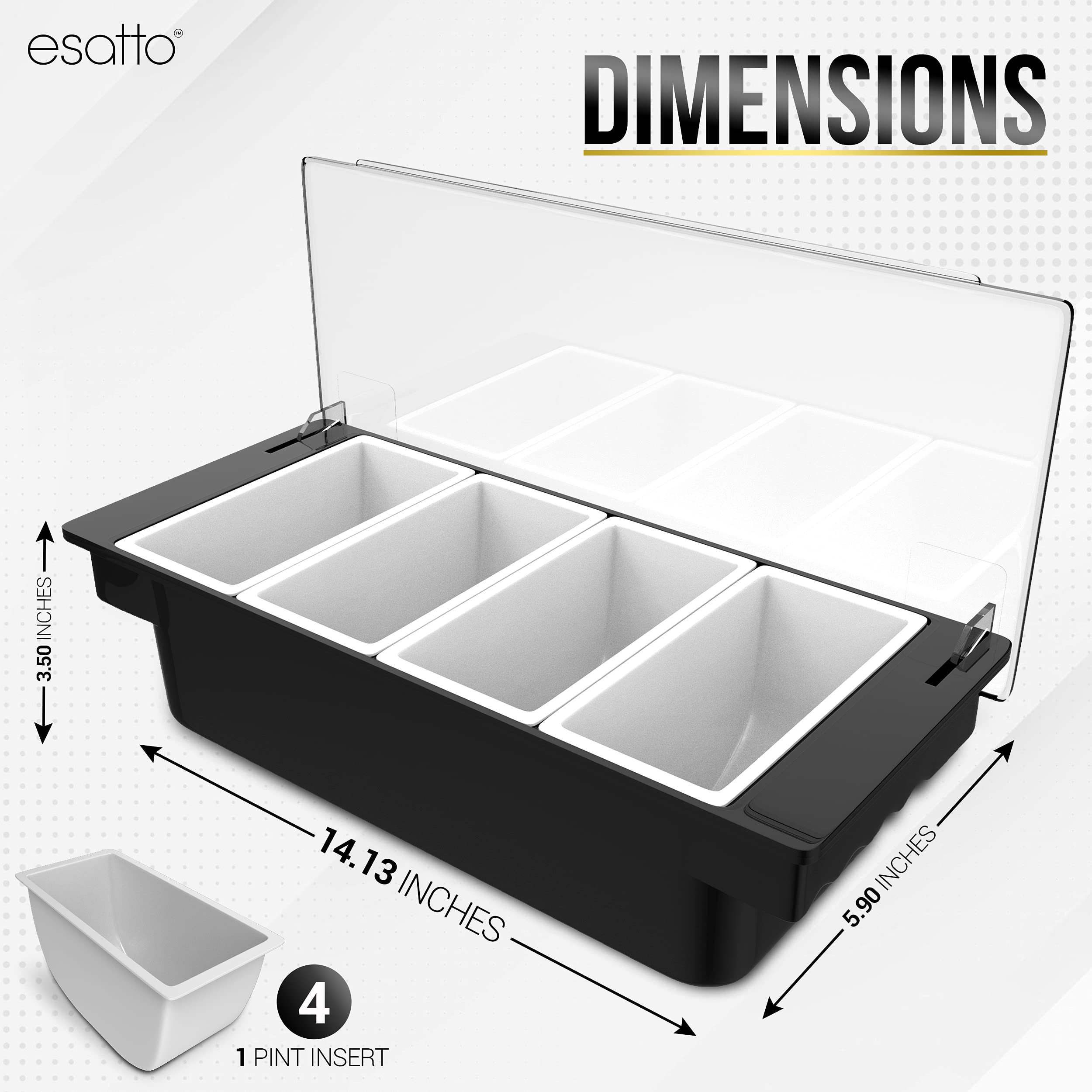 Esatto Bar Products Condiment Holder for Serving Container Chilled Garnish Tray with Lid for Bar Caddy, 4-1 Pint Inserts, With Added 12 Liquor Bottle Pourers, and 12 Pourer Covers - Black