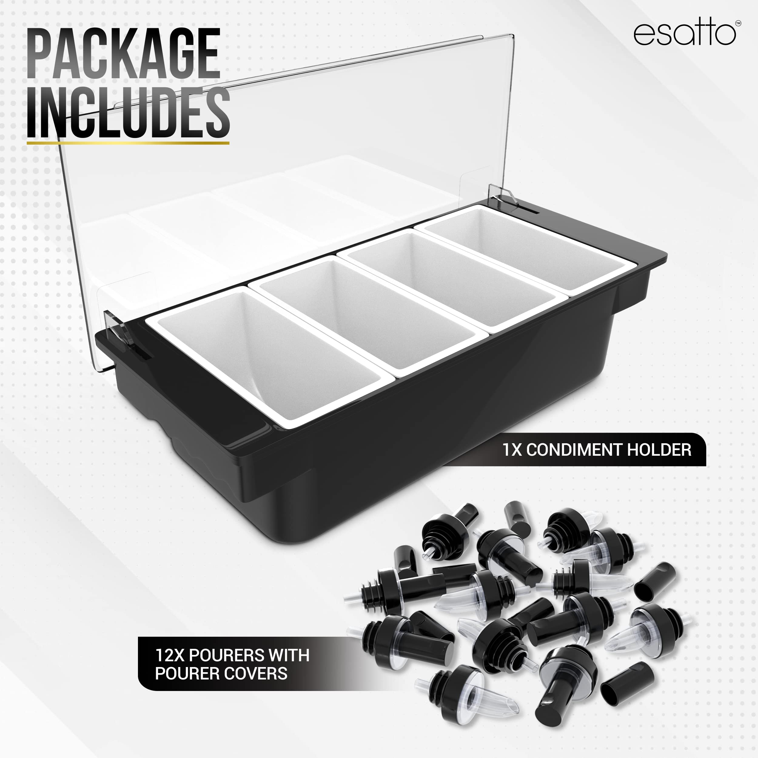 Esatto Bar Products Condiment Holder for Serving Container Chilled Garnish Tray with Lid for Bar Caddy, 4-1 Pint Inserts, With Added 12 Liquor Bottle Pourers, and 12 Pourer Covers - Black