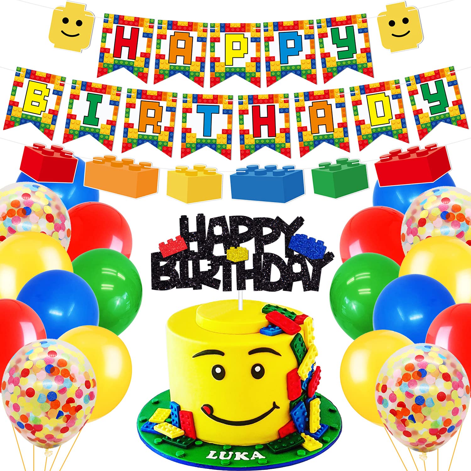 Building Blocks Themed Birthday Party Decorations Pack - Includes Glitter Cake Topper Banners and Balloons - Summer Colorful Themed Bday Party Pack Supplies