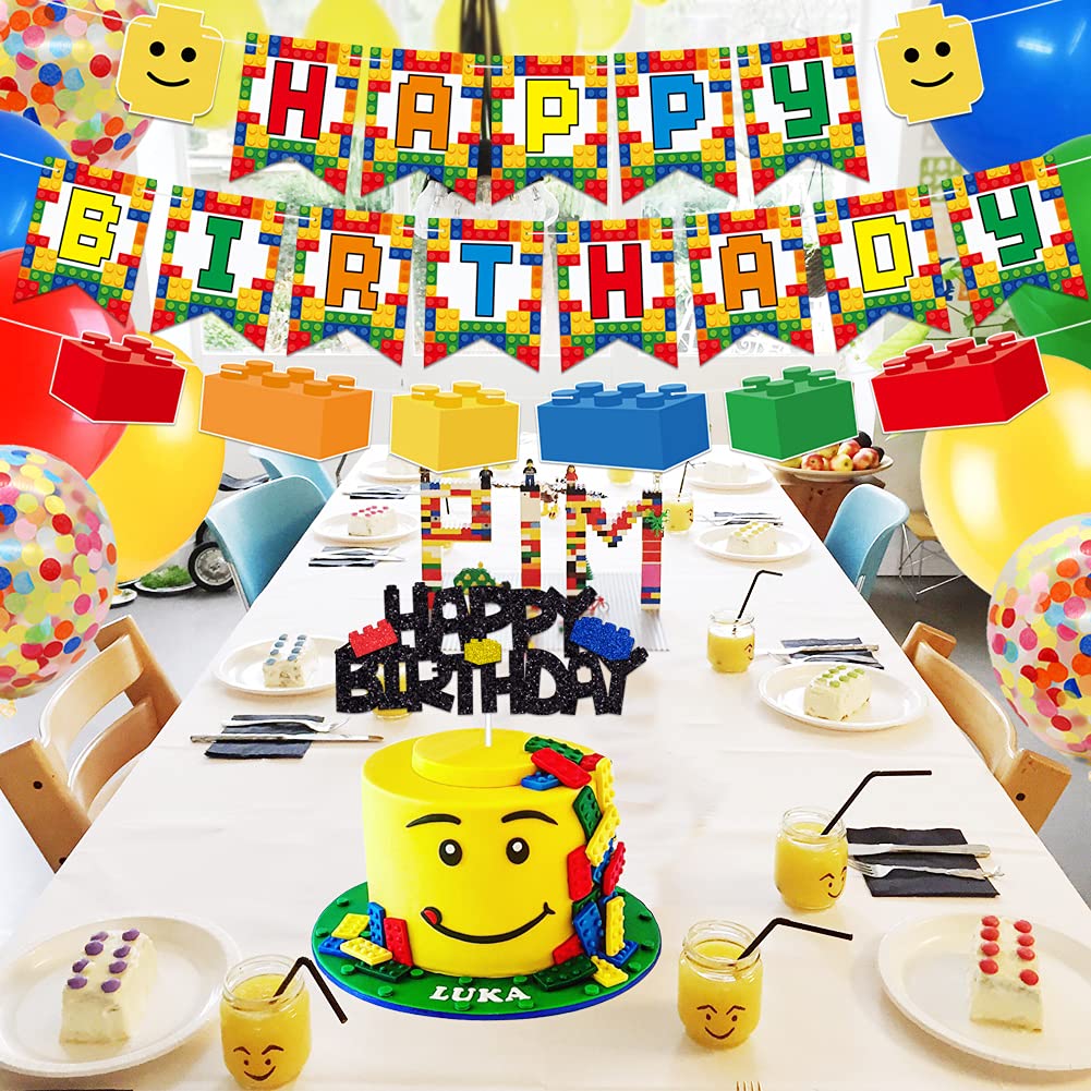 Building Blocks Themed Birthday Party Decorations Pack - Includes Glitter Cake Topper Banners and Balloons - Summer Colorful Themed Bday Party Pack Supplies