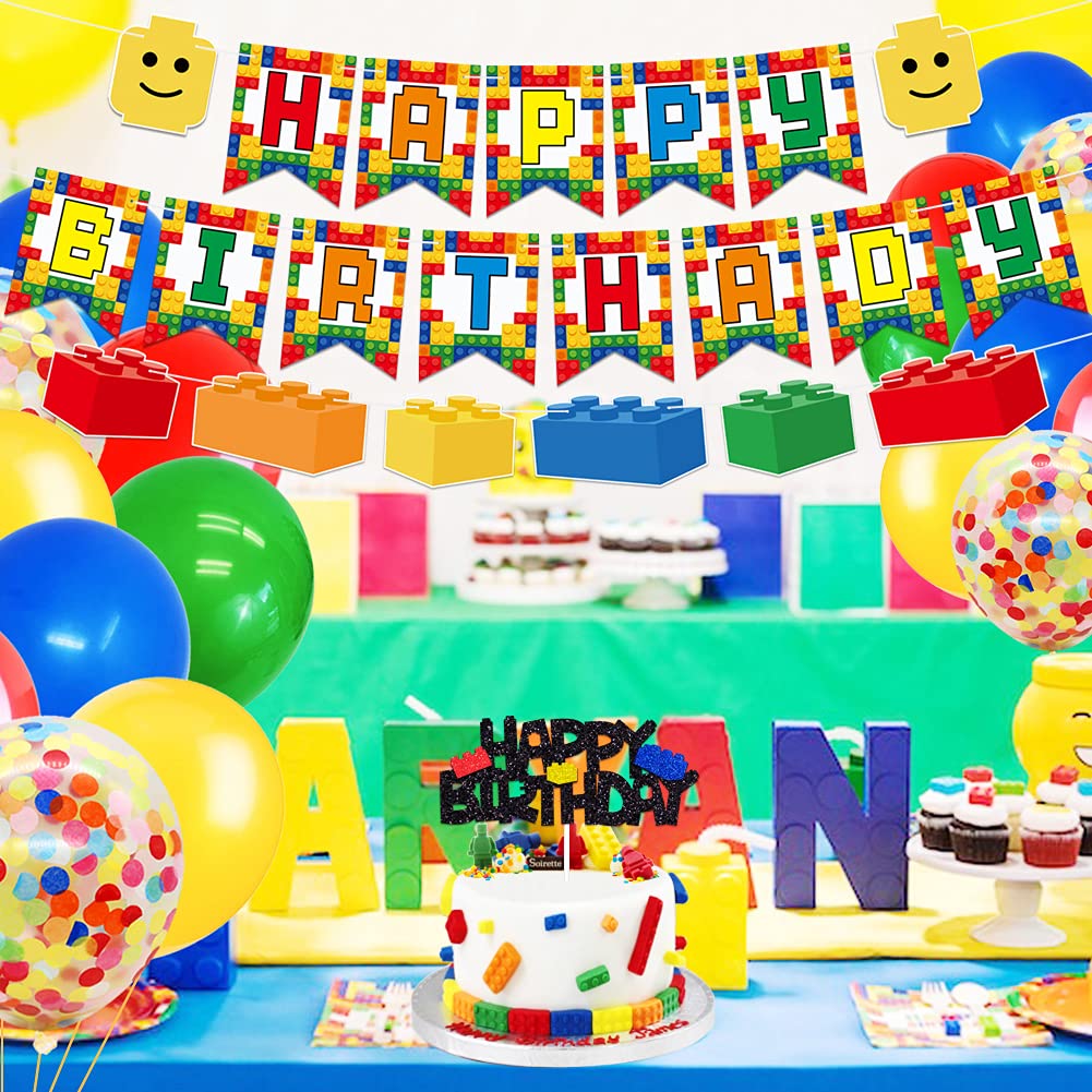 Building Blocks Themed Birthday Party Decorations Pack - Includes Glitter Cake Topper Banners and Balloons - Summer Colorful Themed Bday Party Pack Supplies