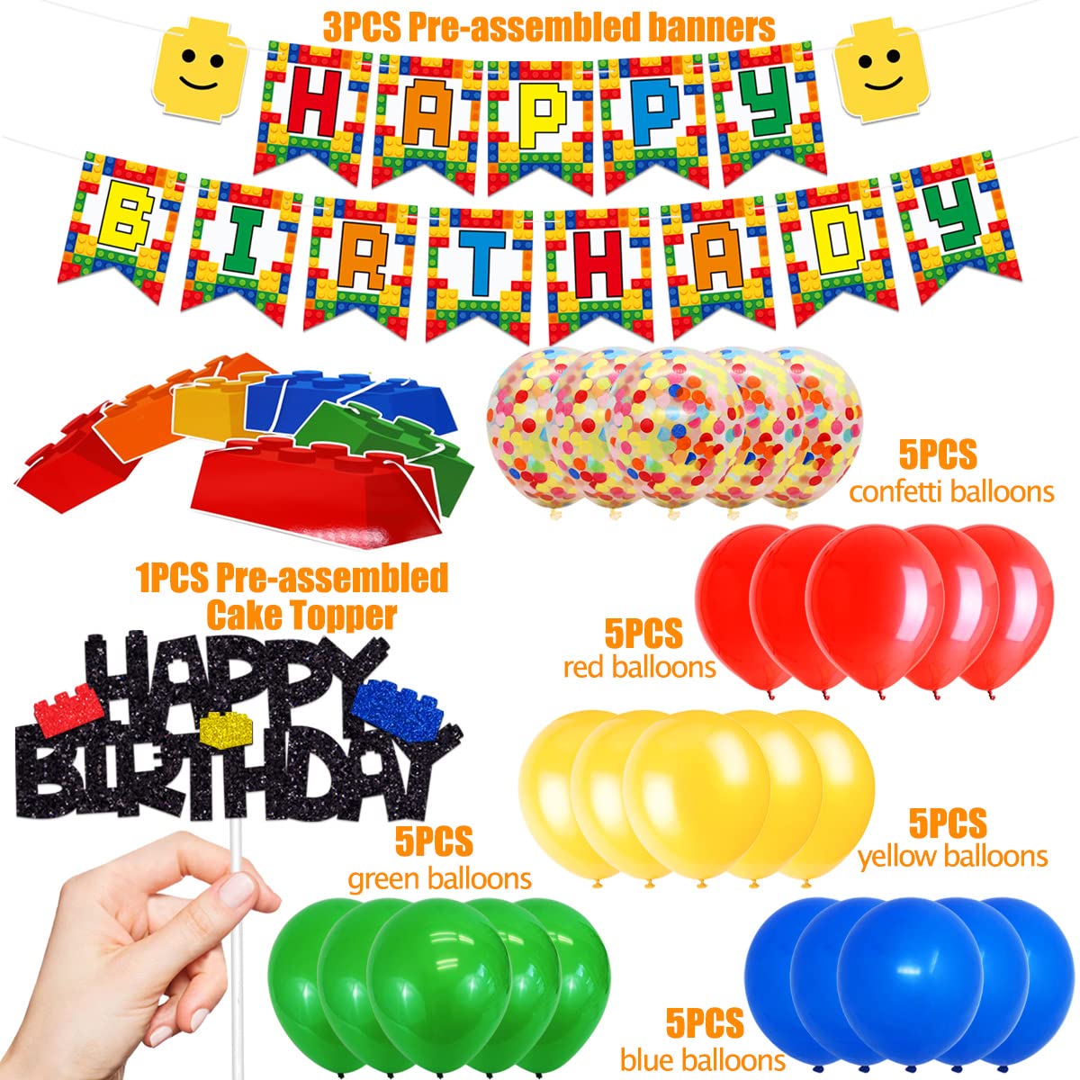 Building Blocks Themed Birthday Party Decorations Pack - Includes Glitter Cake Topper Banners and Balloons - Summer Colorful Themed Bday Party Pack Supplies