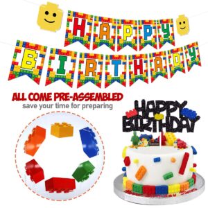 Building Blocks Themed Birthday Party Decorations Pack - Includes Glitter Cake Topper Banners and Balloons - Summer Colorful Themed Bday Party Pack Supplies