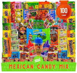 mexican candy mix assortment, dulces mexicanos, includes vero mango, salsaghetti, peloneta, pelon pelo rico, bulk candies, pulparindo, candy box variety pack