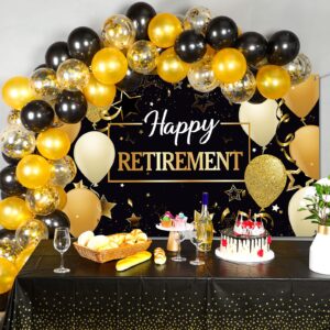 Retirement Party Decorations Supplies Banner Balloons Fabric Retirement Sign Banner and 50piece Balloon Photo Booth Backdrop Set for Women and Men 72.8x 43.3 Inch Gold Black