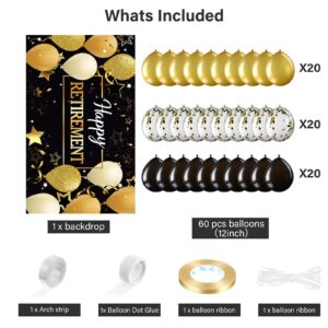 Retirement Party Decorations Supplies Banner Balloons Fabric Retirement Sign Banner and 50piece Balloon Photo Booth Backdrop Set for Women and Men 72.8x 43.3 Inch Gold Black