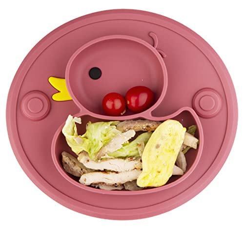 Baby Divided Plate Placemat Silicone- Portable Non Slip Child Feeding Suction Plate for Children Babies and Kids BPA Free Baby Dinner Plate Microwave Dishwasher Safe (Duck-Blush)