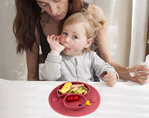 Baby Divided Plate Placemat Silicone- Portable Non Slip Child Feeding Suction Plate for Children Babies and Kids BPA Free Baby Dinner Plate Microwave Dishwasher Safe (Duck-Blush)