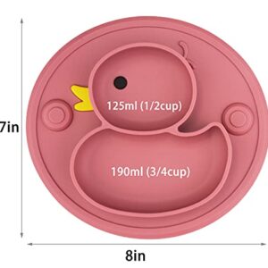 Baby Divided Plate Placemat Silicone- Portable Non Slip Child Feeding Suction Plate for Children Babies and Kids BPA Free Baby Dinner Plate Microwave Dishwasher Safe (Duck-Blush)