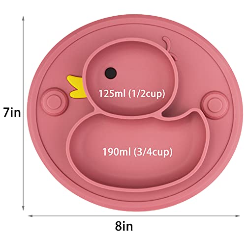 Baby Divided Plate Placemat Silicone- Portable Non Slip Child Feeding Suction Plate for Children Babies and Kids BPA Free Baby Dinner Plate Microwave Dishwasher Safe (Duck-Blush)