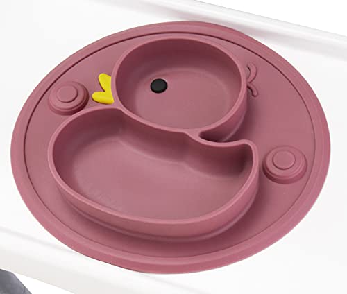 Baby Divided Plate Placemat Silicone- Portable Non Slip Child Feeding Suction Plate for Children Babies and Kids BPA Free Baby Dinner Plate Microwave Dishwasher Safe (Duck-Blush)