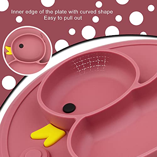 Baby Divided Plate Placemat Silicone- Portable Non Slip Child Feeding Suction Plate for Children Babies and Kids BPA Free Baby Dinner Plate Microwave Dishwasher Safe (Duck-Blush)