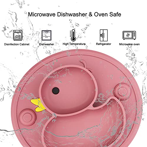 Baby Divided Plate Placemat Silicone- Portable Non Slip Child Feeding Suction Plate for Children Babies and Kids BPA Free Baby Dinner Plate Microwave Dishwasher Safe (Duck-Blush)