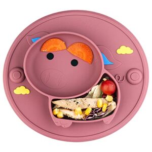 lightening corp baby silicone plate, toddler suction plates mini plate placemat for kids and infants self feeding, bpa free, microwave & dishwasher safe (blush) pig designed one size