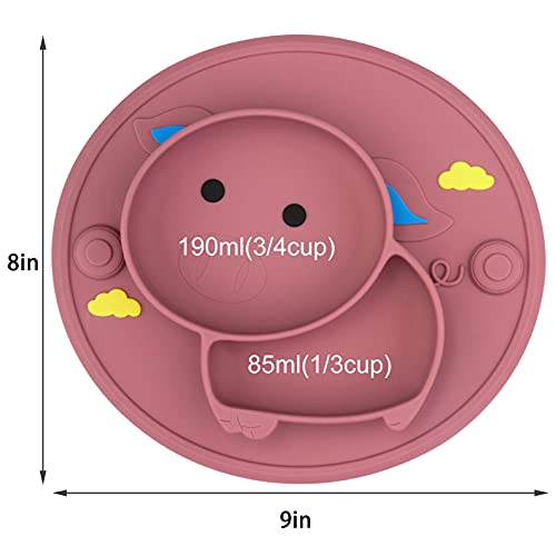 Lightening Corp Baby Silicone Plate, Toddler Suction Plates Mini Plate Placemat for Kids and Infants Self Feeding, BPA Free, Microwave & Dishwasher Safe (Blush) Pig Designed One Size