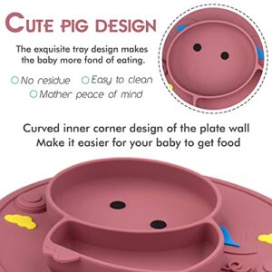 Lightening Corp Baby Silicone Plate, Toddler Suction Plates Mini Plate Placemat for Kids and Infants Self Feeding, BPA Free, Microwave & Dishwasher Safe (Blush) Pig Designed One Size