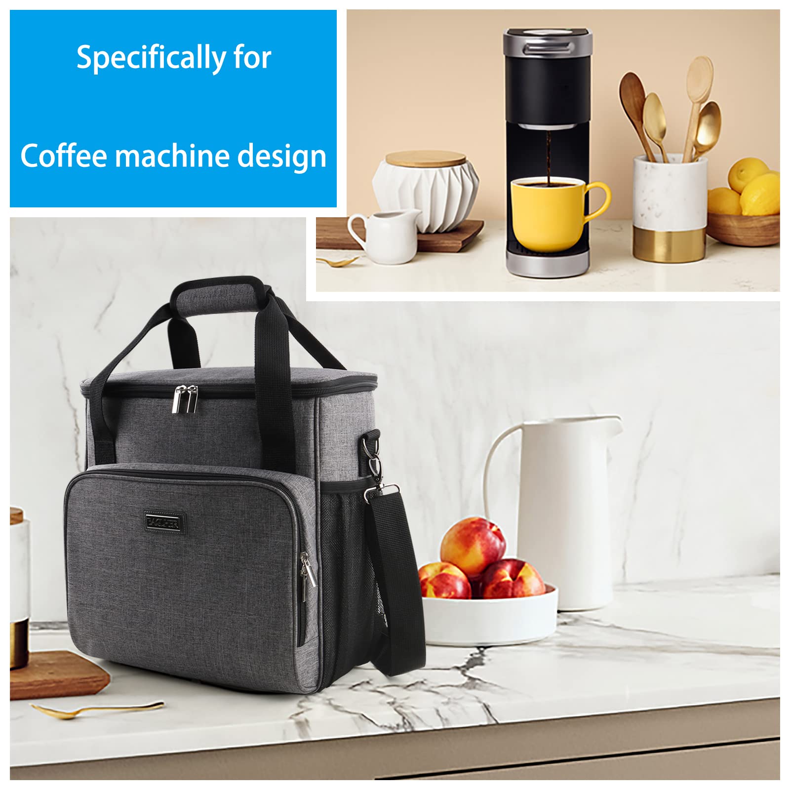 BAGLHER Coffee Maker Storage Bag, Waterproof Travel Carrying Organizer Case, Suitable for Kering Coffee Machines and Other Accessories, Dustproof Tote Bag with Shoulder Strap Grey