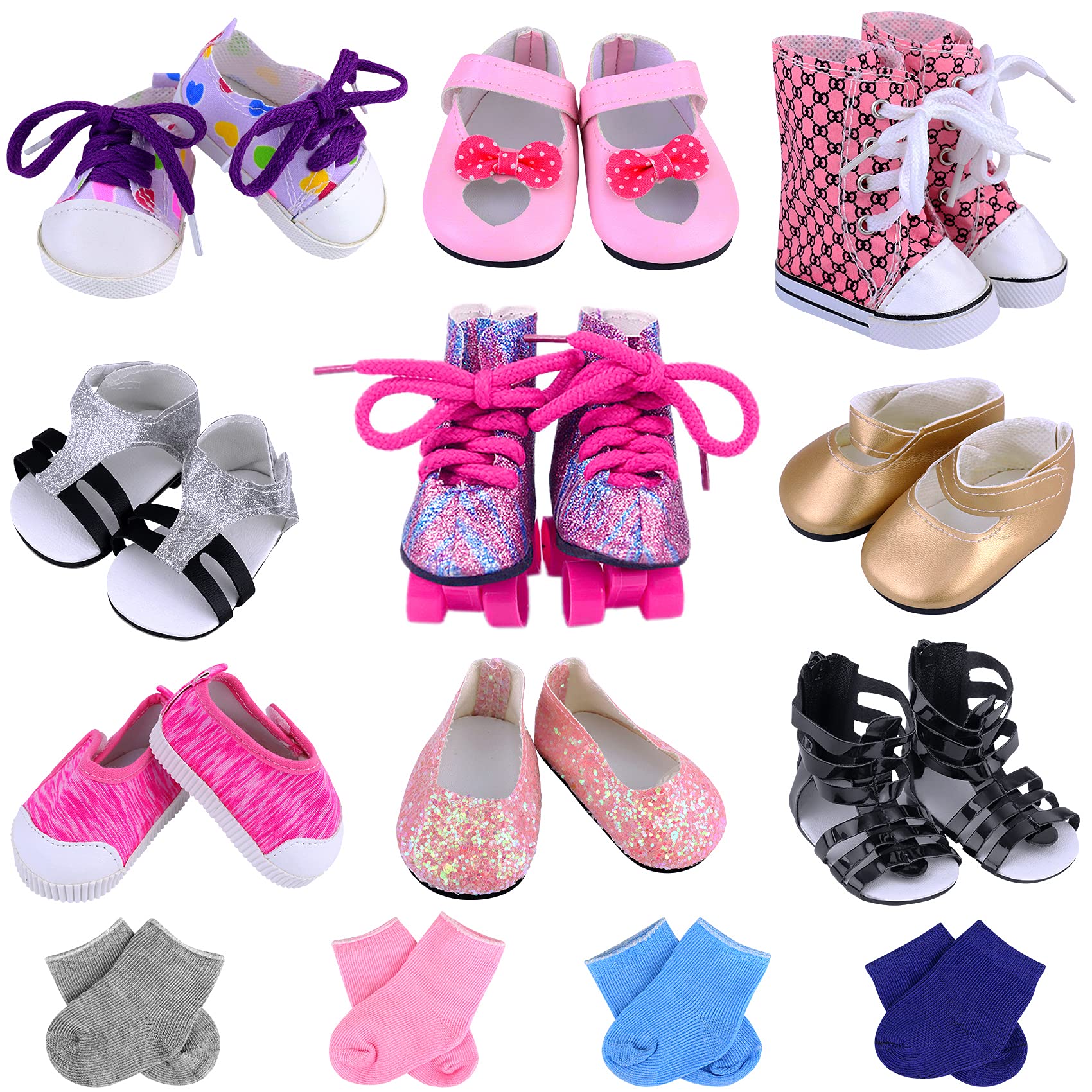 Ecore Fun 18 inch Girl Doll Accessories Includes 9 Pairs of Shoes and 4 Pairs of Socks Fit for 18 Inch Girl Doll - Sandals, Casual Shoes, Canvas Shoes, Roller Skates ect