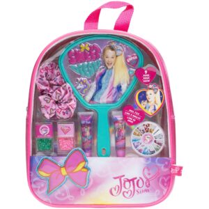 jojo siwa - townley girl backpack cosmetic activity set for girls, ages 3+ makeup hair salon kit including scrunchie, mirror, nail polish, lip gloss and more, for parties, sleepovers and makeovers