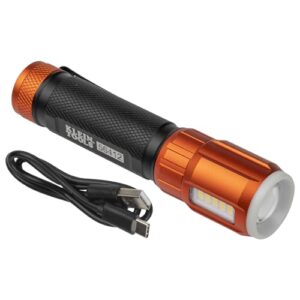 klein tools 56412 rechargeable led flashlight with worklight, 500 lumens, usb charging cable, pocket clip, battery life indicator, magnetic