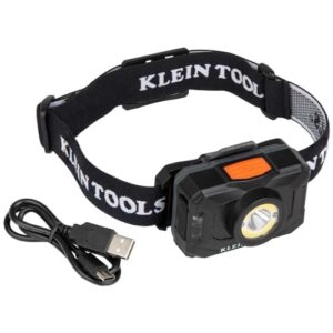 klein tools 56414 rechargeable 2-color led headlamp, fabric strap, spotlight, floodlight, red led, 800 lumens, usb cable, camping, running