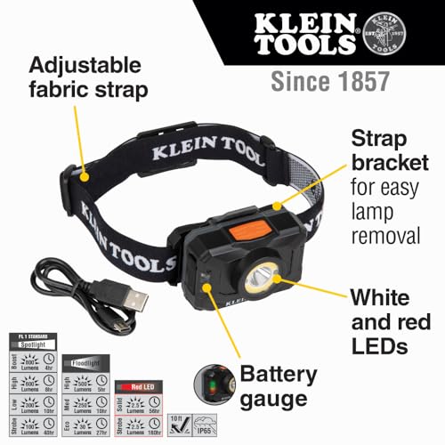 Klein Tools 56414 Rechargeable 2-Color LED Headlamp, Fabric Strap, Spotlight, Floodlight, Red LED, 800 Lumens, USB Cable, Camping, Running