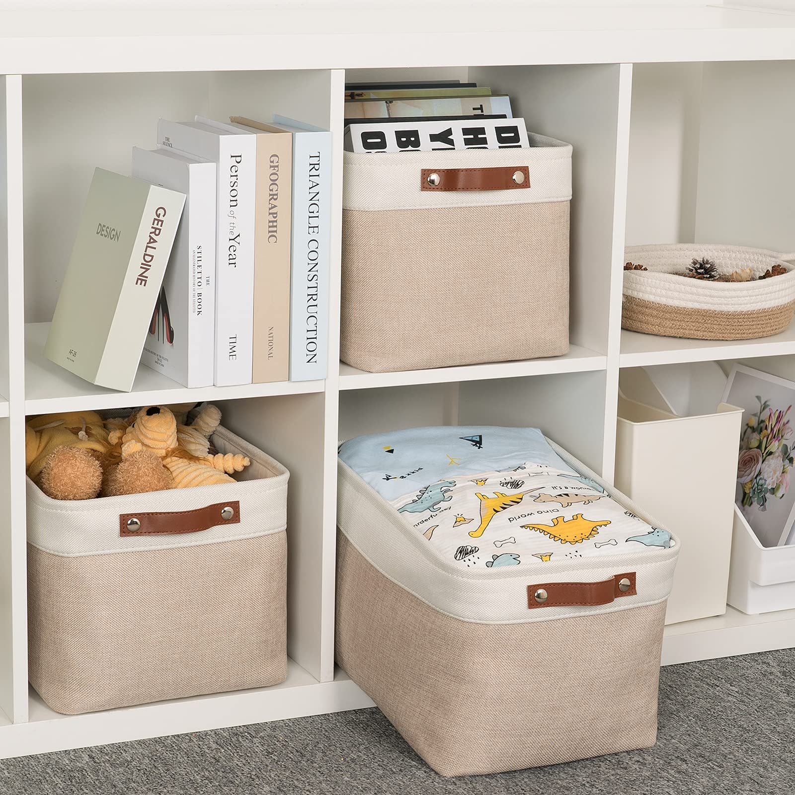 HNZIGE Storage Basket Bins Collapsible Storage Baskets for Organizing Shelf Closet Bedroom, Perfect Storage Bin with Handles for Closet, Clothes, Toy, Home（Beige 15" x 11" x 9.5",11.8" x 7.8" x 5.1"