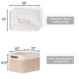 HNZIGE Storage Basket Bins Collapsible Storage Baskets for Organizing Shelf Closet Bedroom, Perfect Storage Bin with Handles for Closet, Clothes, Toy, Home（Beige 15" x 11" x 9.5",11.8" x 7.8" x 5.1"