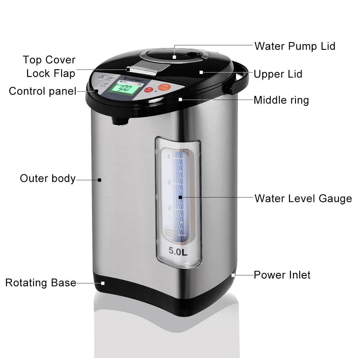 KOTEK Electric Hot Water Boiler and Warmer, Hot Water Dispenser, Stainless Steel Water Boiler w/5 Stage Temperature Settings, Safety Lock, Electric Hot Water Pot, 5-Liter