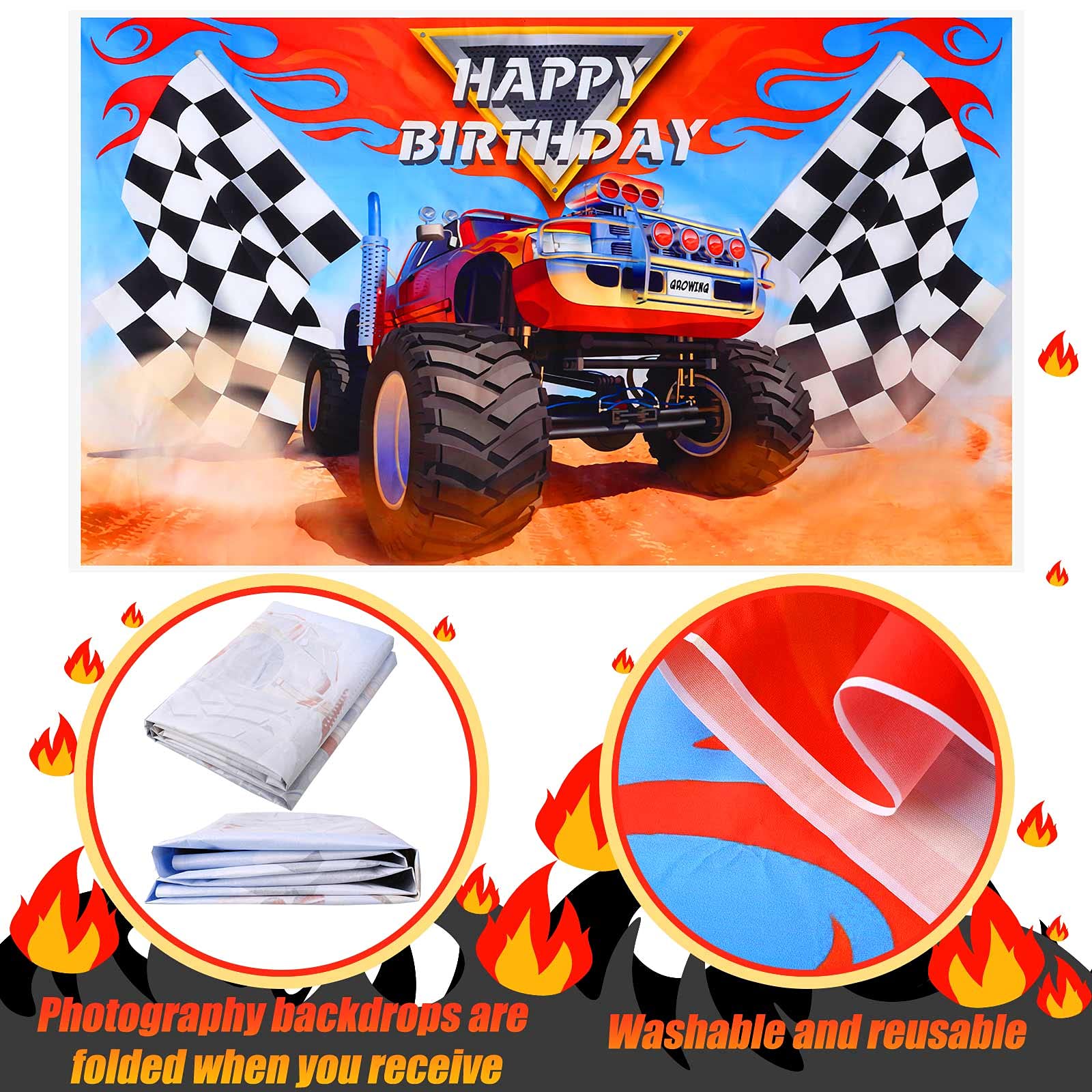 Truck Party Decorations Supplies Include Truck Backdrop Party Photography Background 5 x 3 Feet Truck Happy Birthday Banner 6 x 1 Feet for Kids Party Photography Party Decor