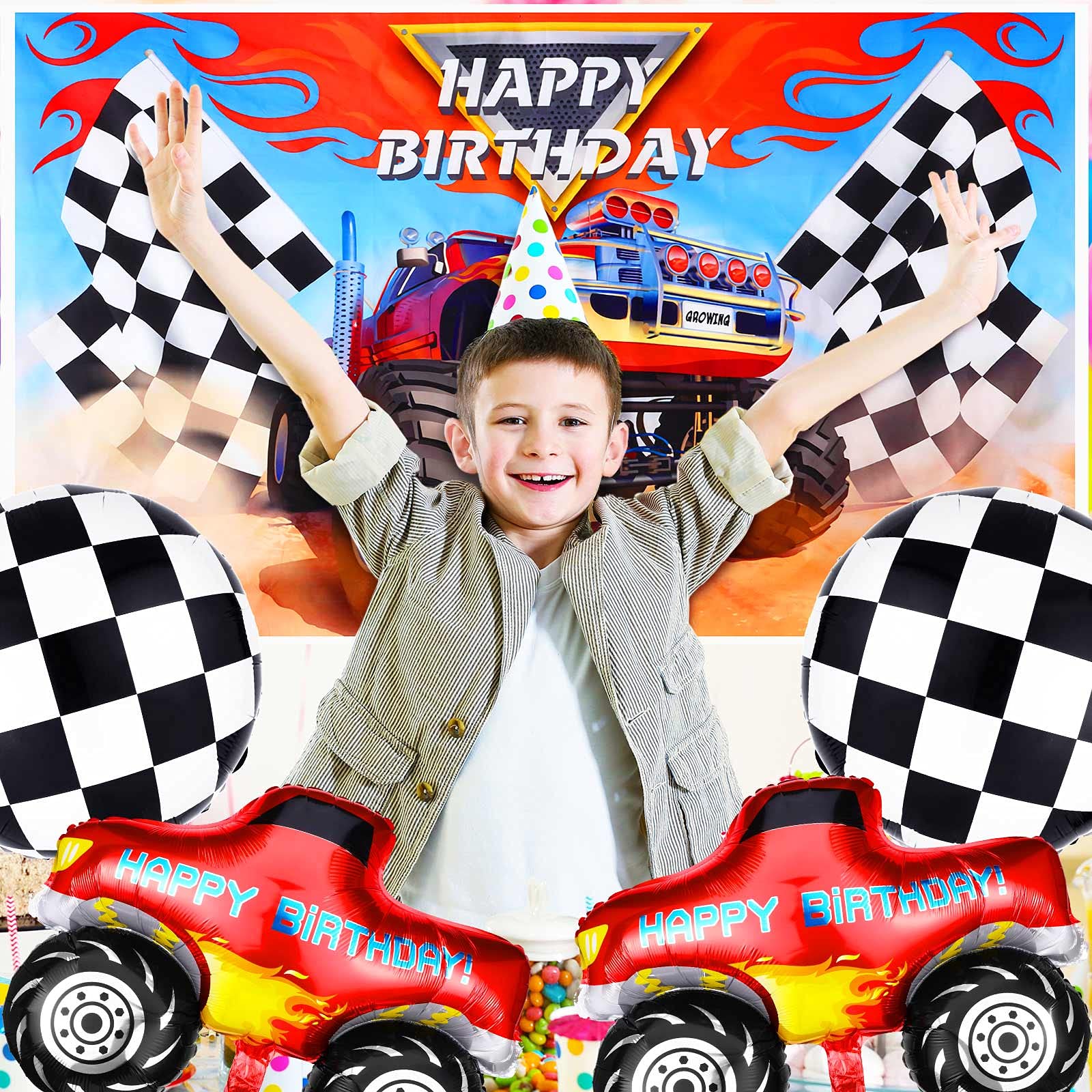 Truck Party Decorations Supplies Include Truck Backdrop Party Photography Background 5 x 3 Feet Truck Happy Birthday Banner 6 x 1 Feet for Kids Party Photography Party Decor