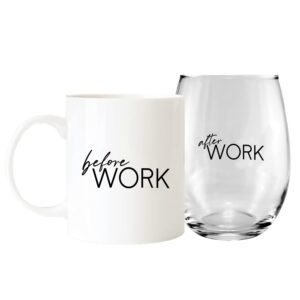 canopy street before work and after work mug and stemless wine glass set/funny clever humor drinkware/coworker coffee mug present/new job beverage gift