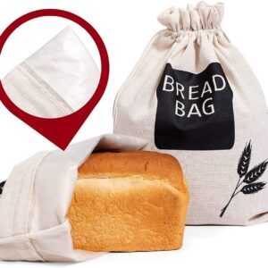 2 X Bread Bags for Homemade Bread - Plastic Lined, Reusable Linen Cloth Saver Bag For Sourdough & Homemade Bread Storage - 17" x 13" XL