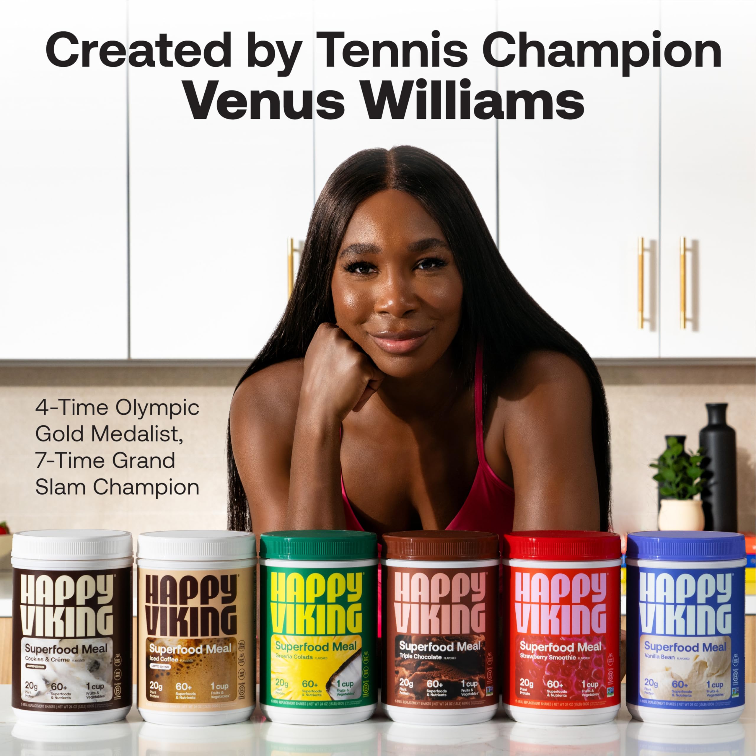 Happy Viking Triple Chocolate Protein + Superfoods Powder, Created by Venus Williams, 20G Protein, Low Carb, Keto, Vegan, Gluten-Free, Non-GMO, Complete Meal Replacement, 1 Canister (24 oz.)