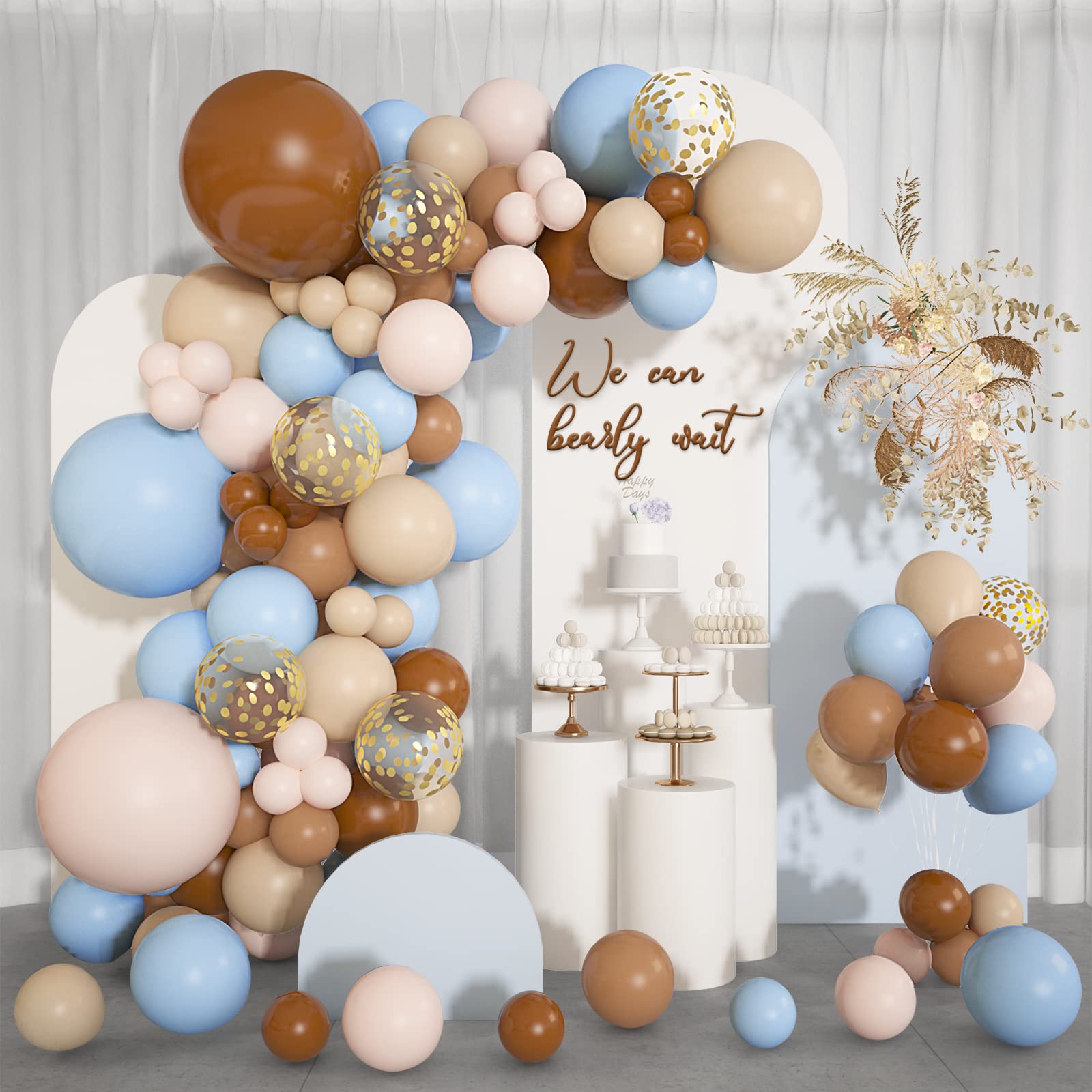 Brown Coffee Blue Balloons Garland Arch Kit, 142Pcs Boho Nude Baby Blue Neutral Balloons We Can Bearly Wait Baby Shower Decorations for Boy Gender Reveal Birthday Wedding Party Supplies