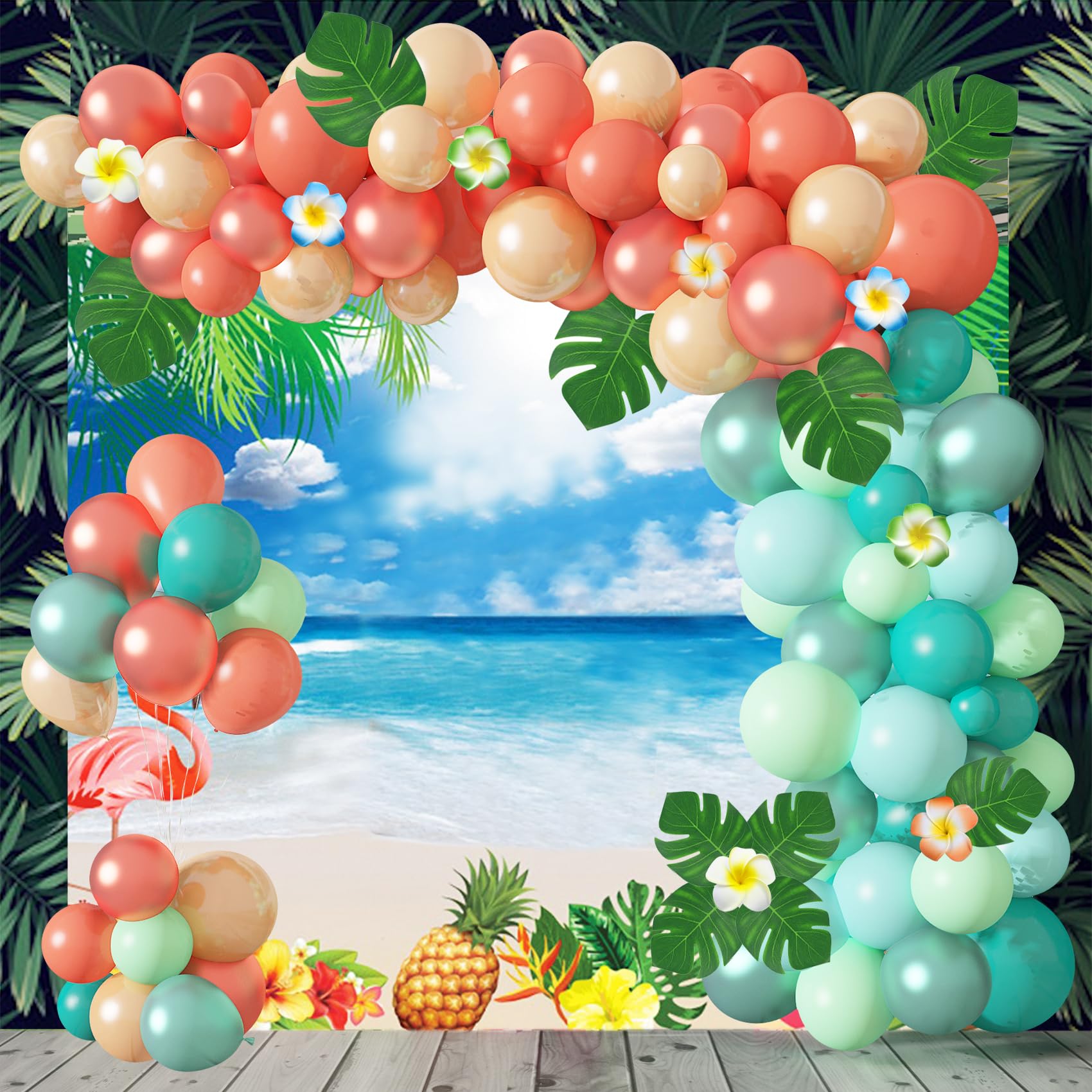 Ouddy Party Tropical Balloon Garland Arch Kit, 12"10"5" Rose Gold Blush Blue Balloons Artificial Palm Leaves Plumeria for Magic Theme Birthday Party Supplies Baby Shower Hawaii Luau Party Decorations