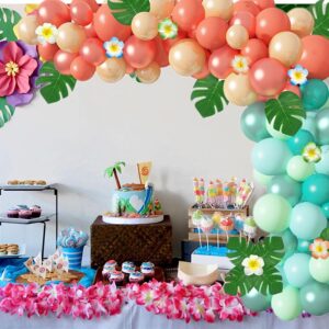 Ouddy Party Tropical Balloon Garland Arch Kit, 12"10"5" Rose Gold Blush Blue Balloons Artificial Palm Leaves Plumeria for Magic Theme Birthday Party Supplies Baby Shower Hawaii Luau Party Decorations