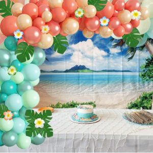 Ouddy Party Tropical Balloon Garland Arch Kit, 12"10"5" Rose Gold Blush Blue Balloons Artificial Palm Leaves Plumeria for Magic Theme Birthday Party Supplies Baby Shower Hawaii Luau Party Decorations