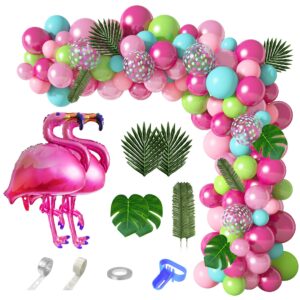 142pcs tropical flamingo balloons garland arch kit, 40" flamingo balloons hot pink green confetti balloons palm leaves for hawaii luau aloha flamingo birthday party baby shower wedding decorations