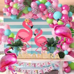 142Pcs Tropical Flamingo Balloons Garland Arch Kit, 40" Flamingo Balloons Hot Pink Green Confetti Balloons Palm Leaves for Hawaii Luau Aloha Flamingo Birthday Party Baby Shower Wedding Decorations