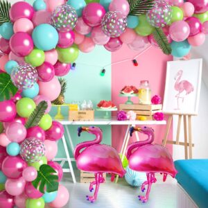 142Pcs Tropical Flamingo Balloons Garland Arch Kit, 40" Flamingo Balloons Hot Pink Green Confetti Balloons Palm Leaves for Hawaii Luau Aloha Flamingo Birthday Party Baby Shower Wedding Decorations